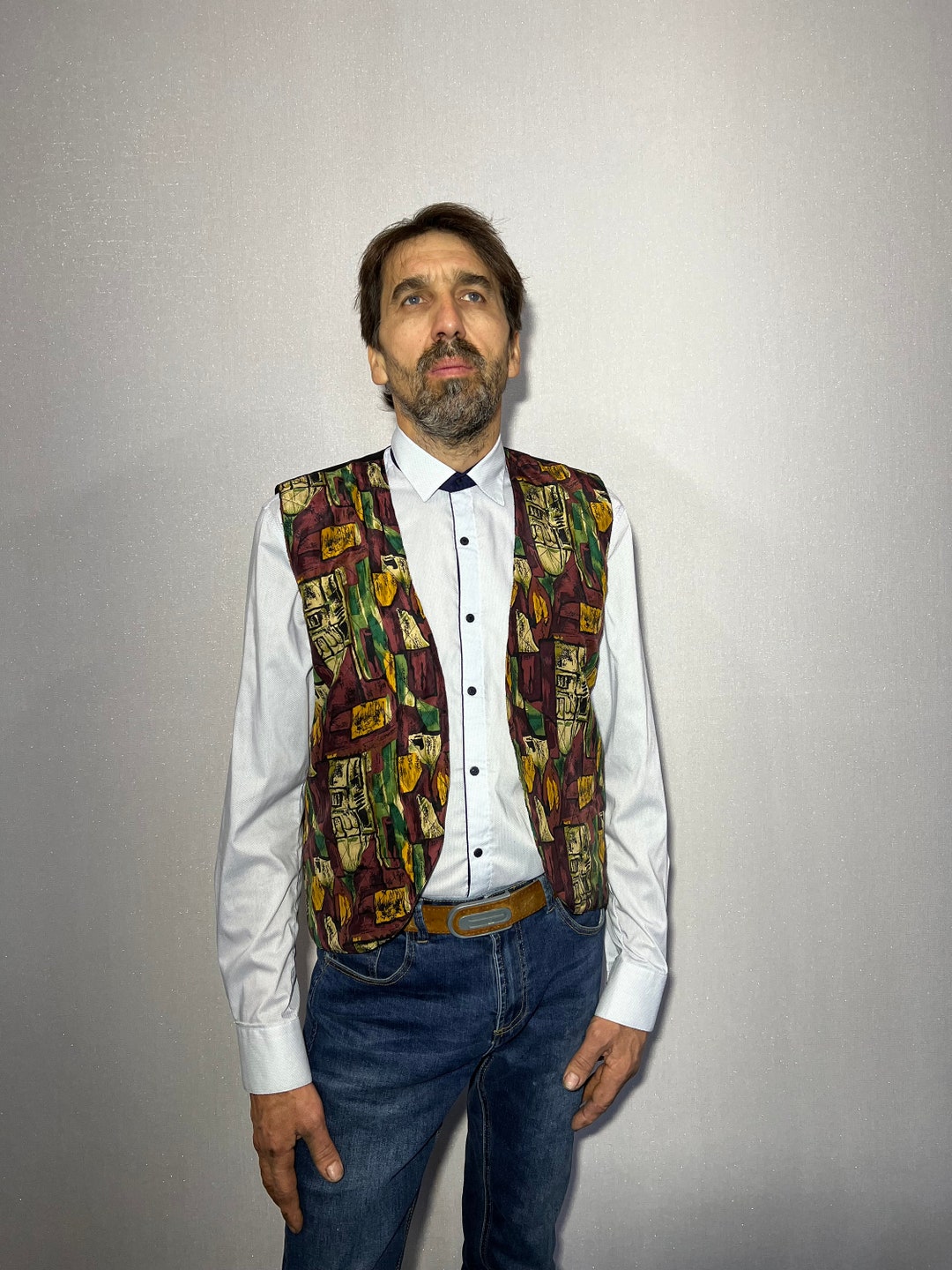 Vintage Abstract Print Silk Men Vest Quilted Mens Waistcoat Fitted ...