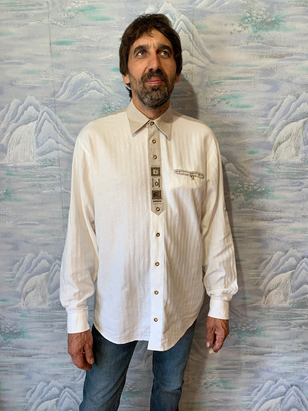 Vintage Austrian Cotton Shirt Mens Dirndl Shirt Ivory White Cotton Long ...