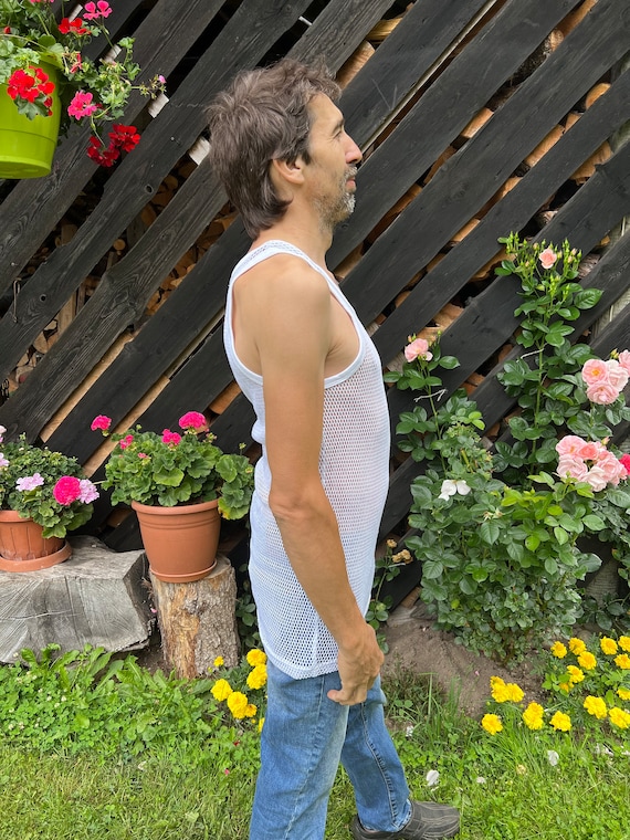 Mens See Through Top Ivory White Sheer Shirt Fishnet … - Gem