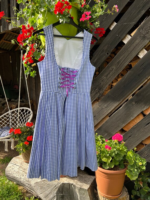 Vintage Dirndl Dress Light Blue Plaid Cotton Dress Ba… - Gem
