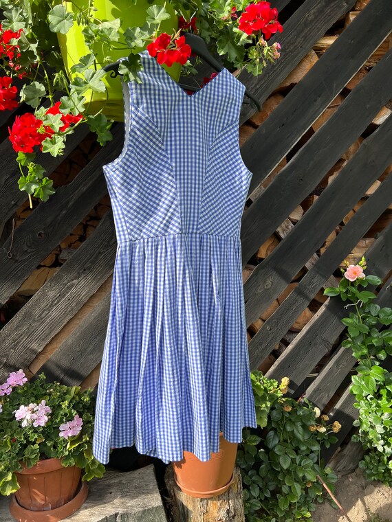 Vintage Dirndl Dress Light Blue Plaid Cotton Dress Ba… - Gem