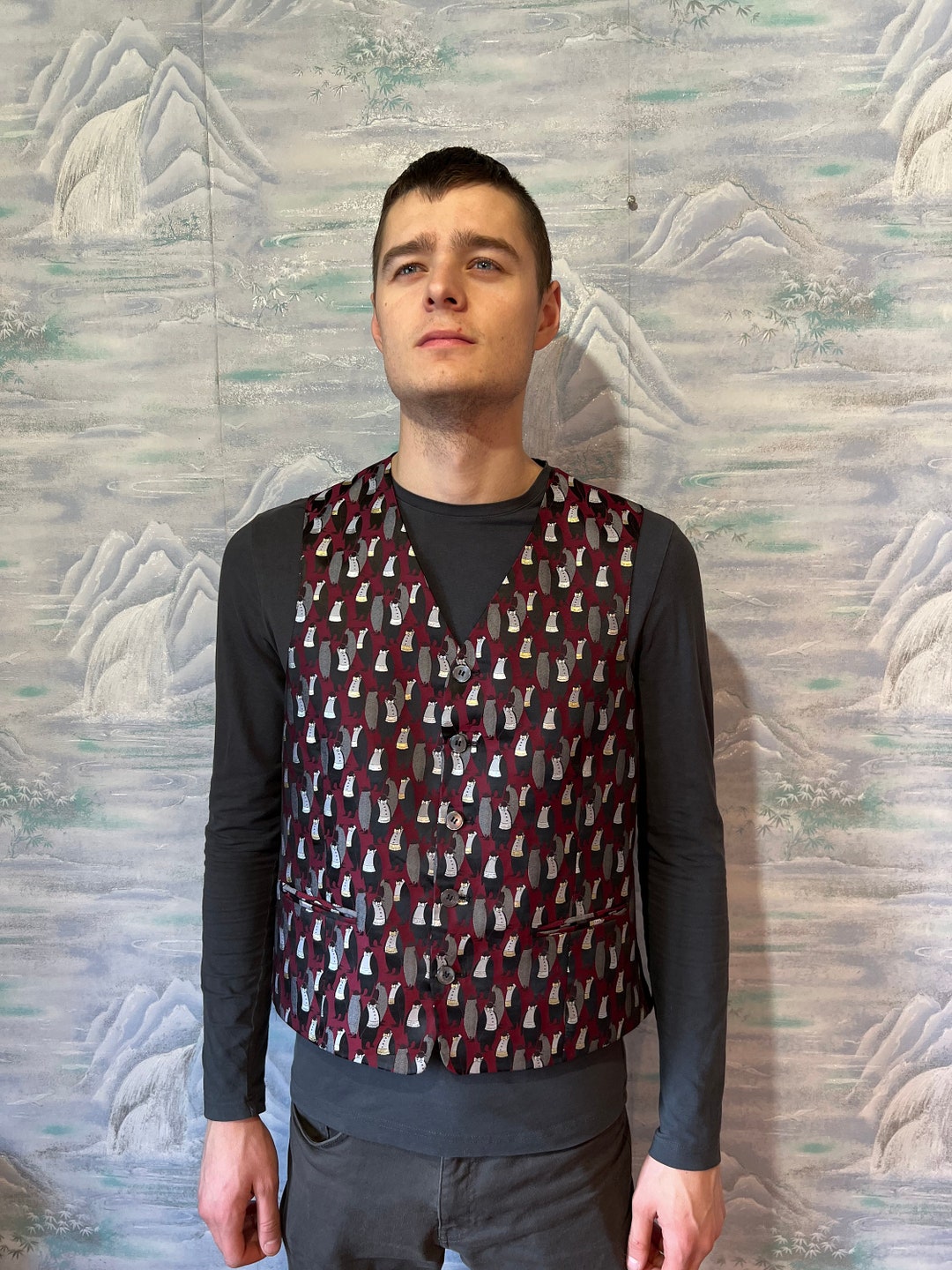 Mens Vest With Penguins Gentleman's Formal Fitted Waistcoat Medium Size ...