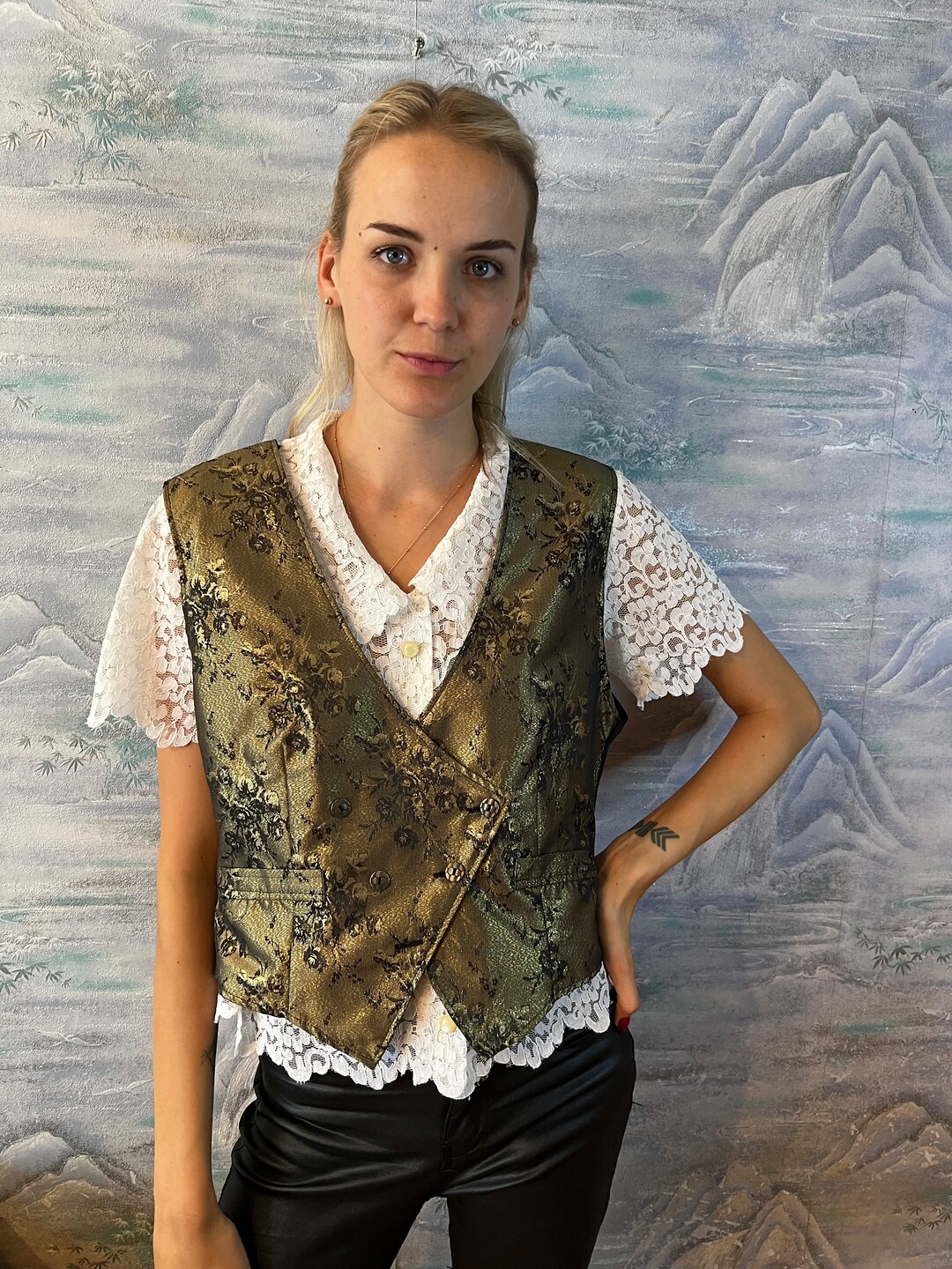 Vintage 80s Women Tapestry Vest Classic Waistcoat Khaki Floral Vest ...