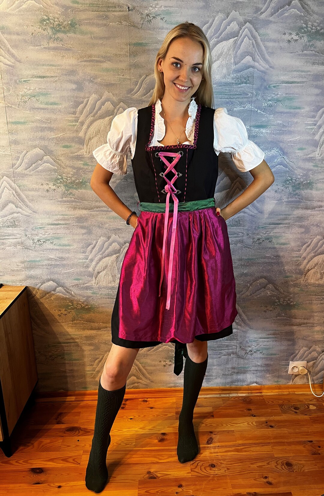 Dark Dirndl Dress With Blouse and Two Apron Bavarian Oktoberfest Dress ...