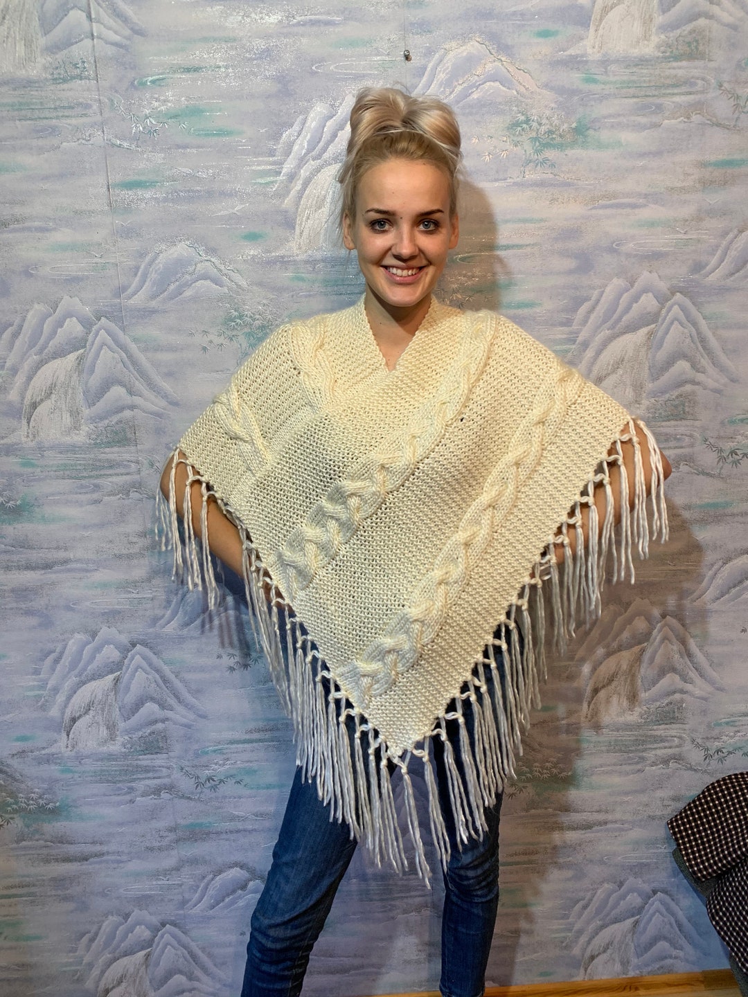 Vintage Crochet Poncho Ivory White Fringe Poncho Warm Cape Shawl Fringe ...