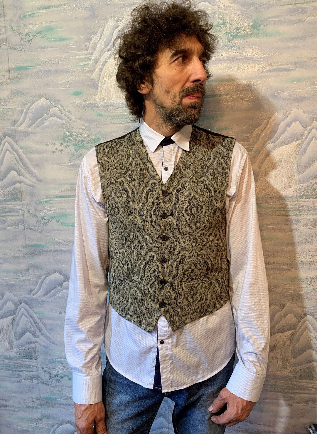 Vintage Abstract Print Viscose Vest Classic Formal Vest Navy Waistcoat ...