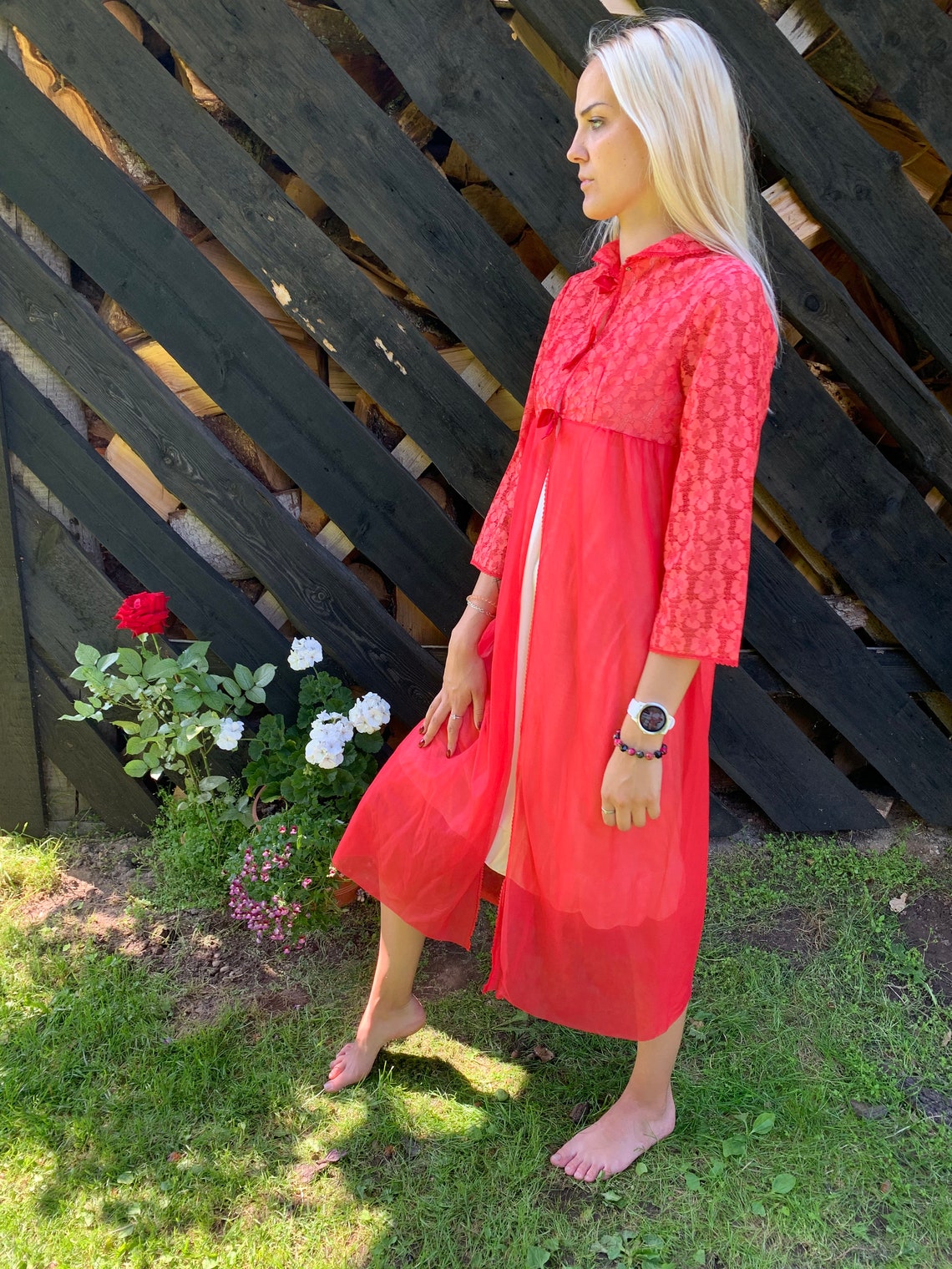 Red Sheer Nylon Robe Peignoir Long Bridal Robe Length Gown - Etsy