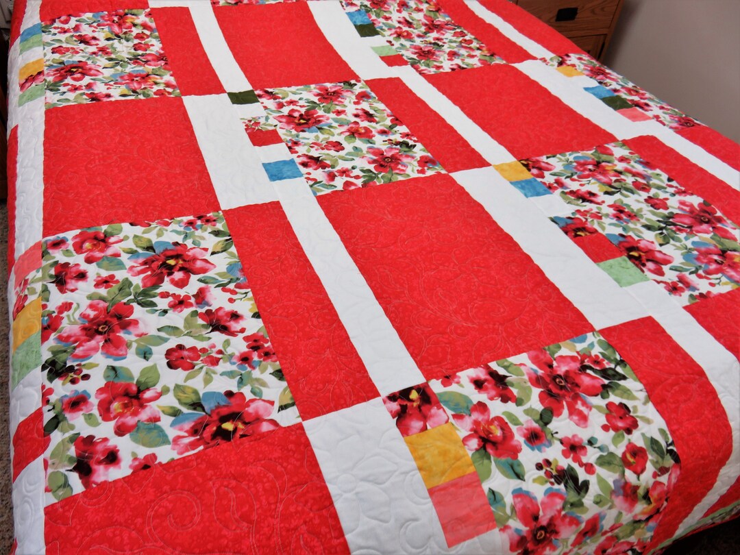 Handmade Floral Queen Quilt: Coral, Blue, Green - Etsy