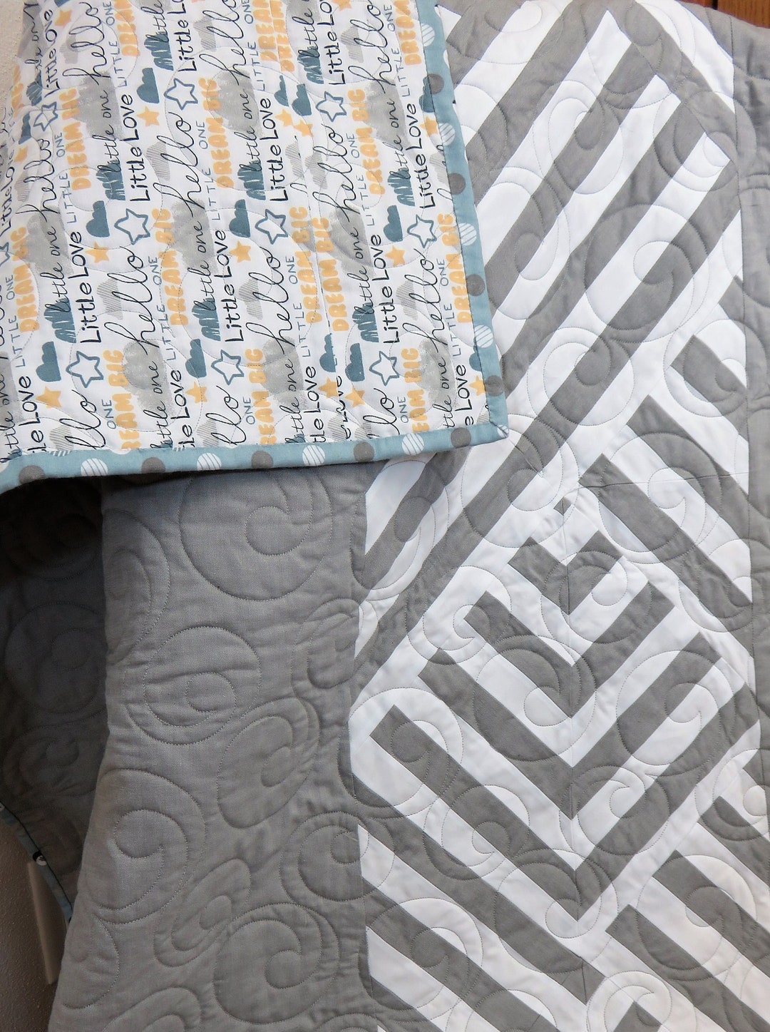 Handmade Geometric Baby Quilt: Grey & White, "hello Little One" Back - Etsy