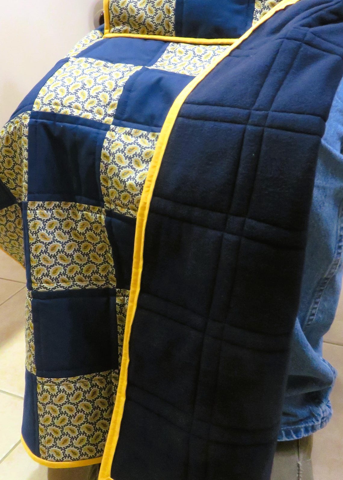 Handmade Fleece Wheelchair Quilt With Pocket, Blue and Gold, 31 X 41 ...