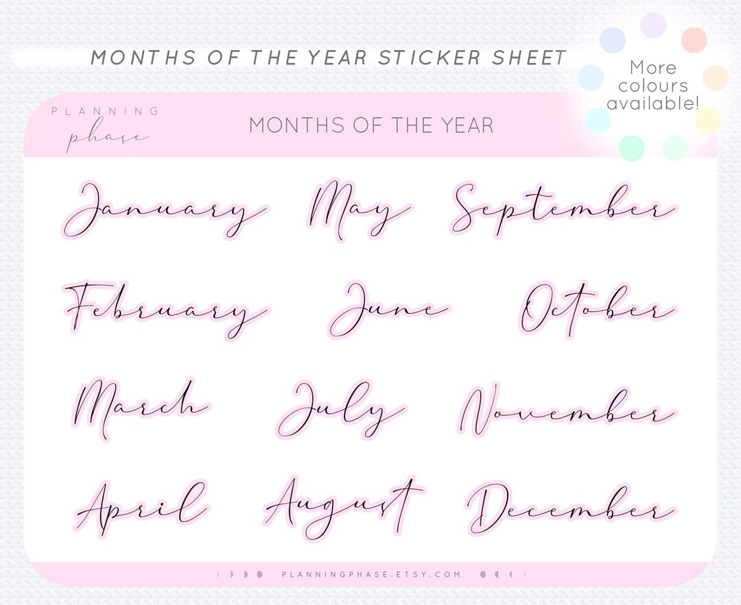 Months of the Year Planner Sticker Sheet, Bullet Journal, Calendar ...