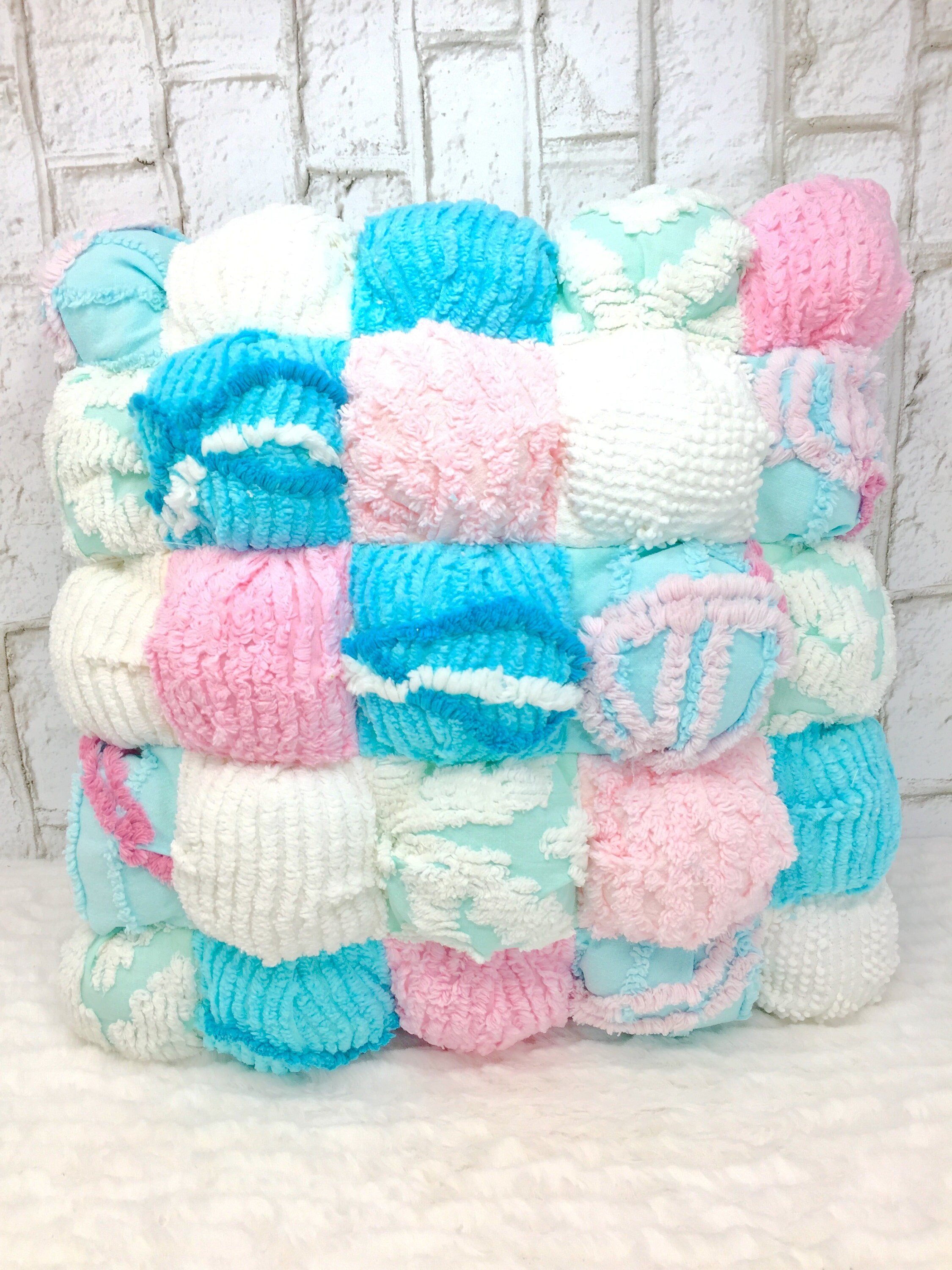 Chenille Puff Pillow Vintage Chenille Patchwork Cushion New | Etsy