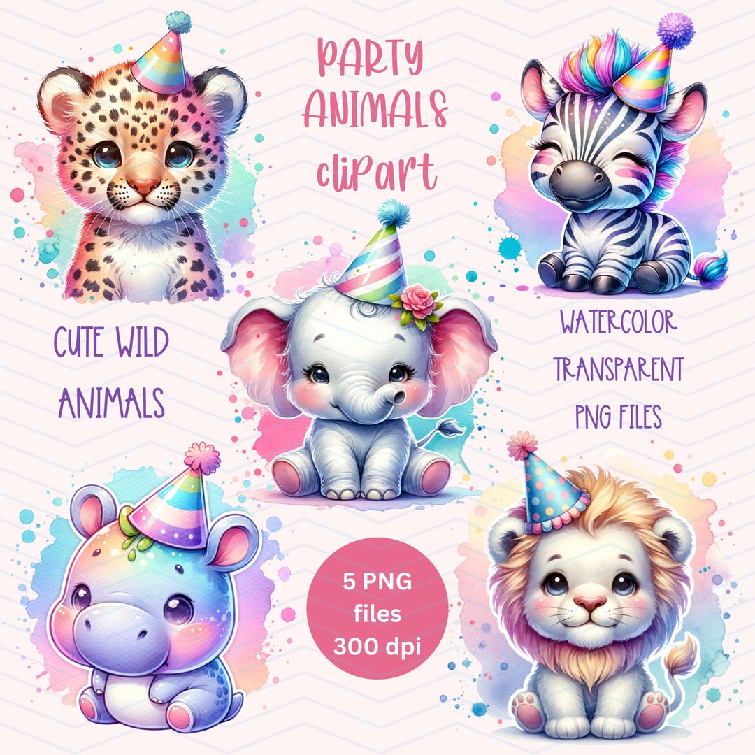 Watercolor Party Animals Clipart 5 PNG Digital Download Wild One Safari ...