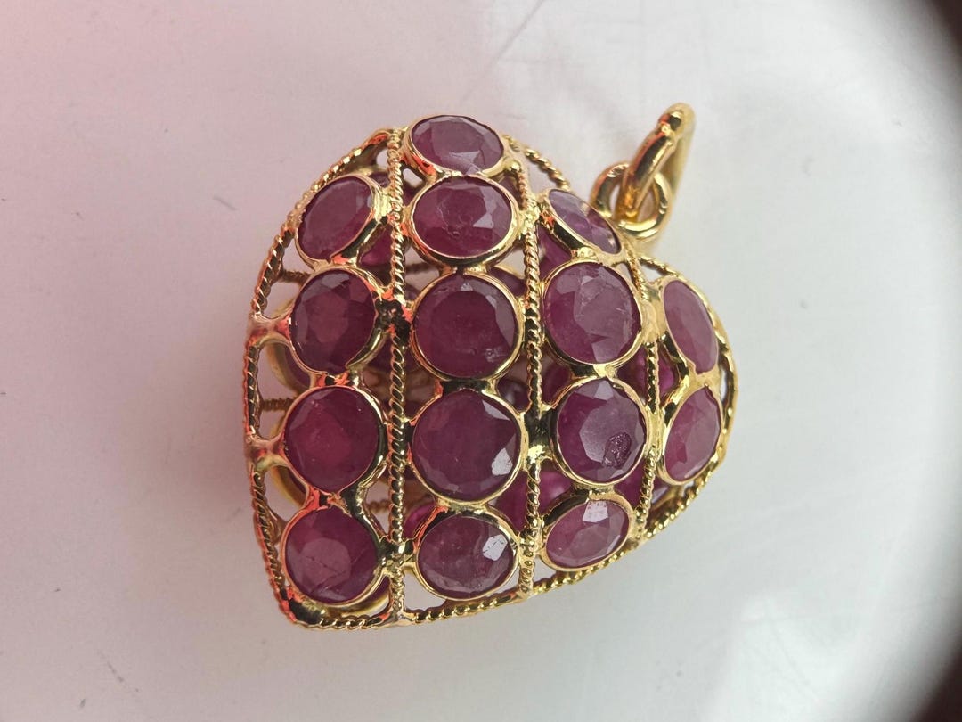 18k Gold Puffy Heart Charm,ruby Heart Charm, Gold and Ruby Charm or ...