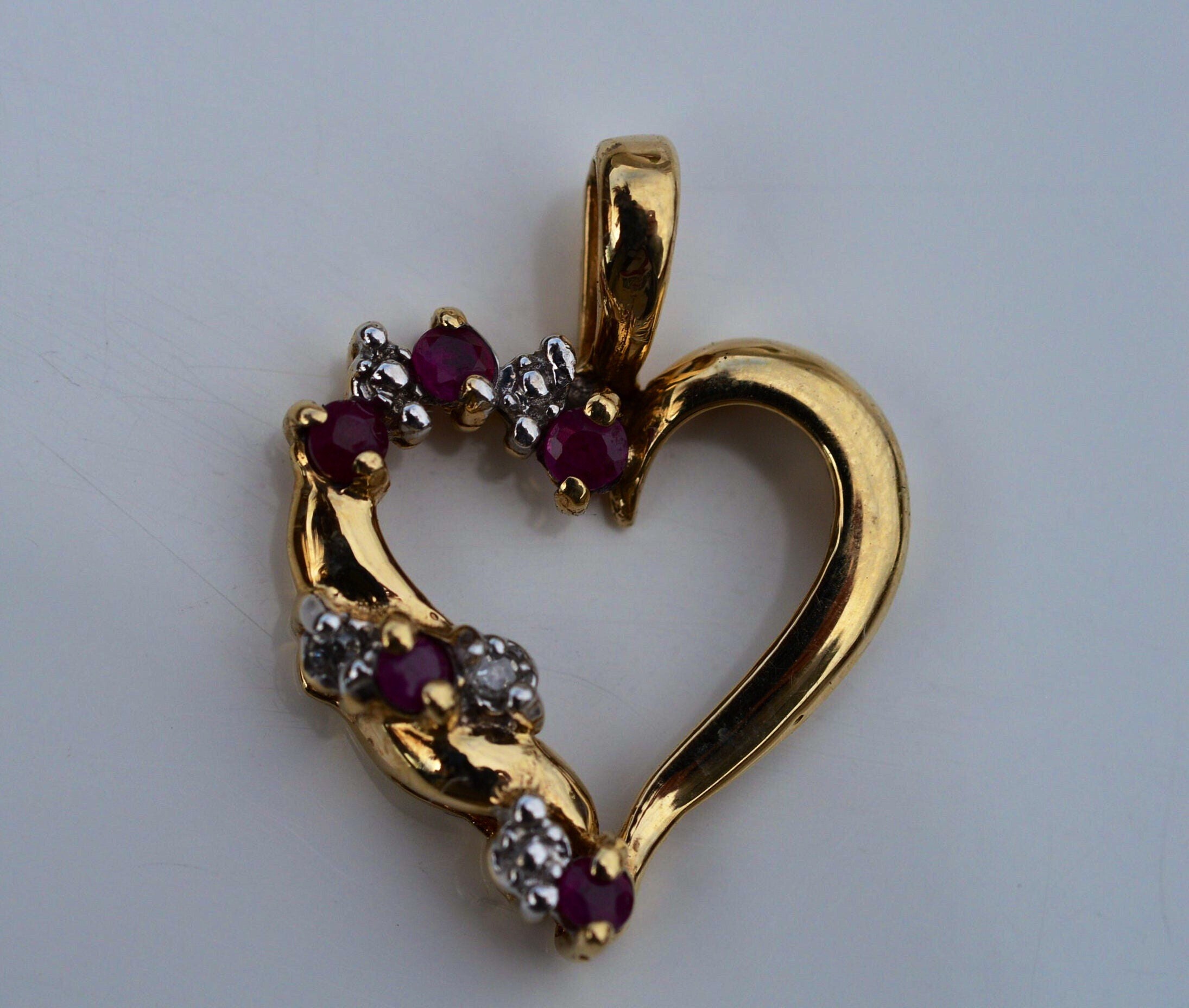 Ruby Heart Pendant, 10k Gold Ruby Pendant, Gold Heart With Ruby's and ...