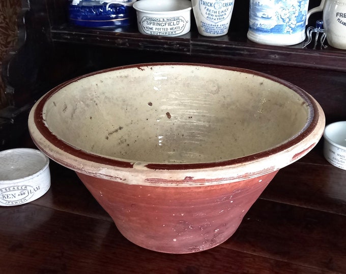 Victorian Pancheon, Large Antique Terracotta Dough Bowl, Cream Slip ...