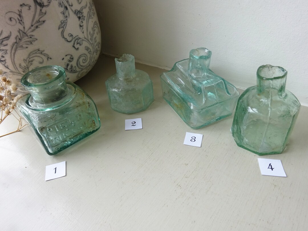 Antique Aqua Ink Bottle X1, Burst Tops, Fields Ink & Gum, Octagonal ...