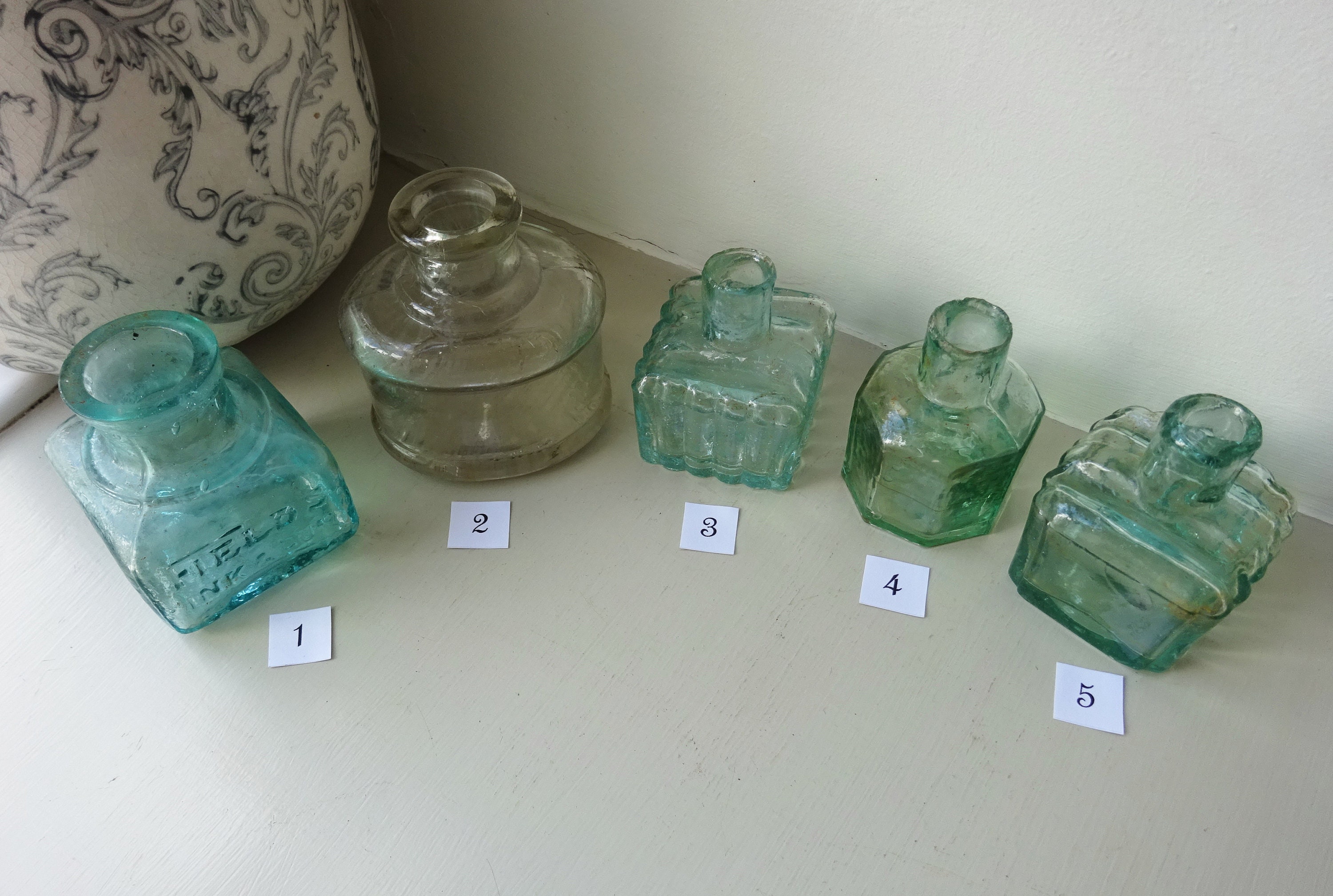 Antique Glass Ink Bottle X1, Aqua Fields Ink & Gum, Octagonal, Ribbed ...