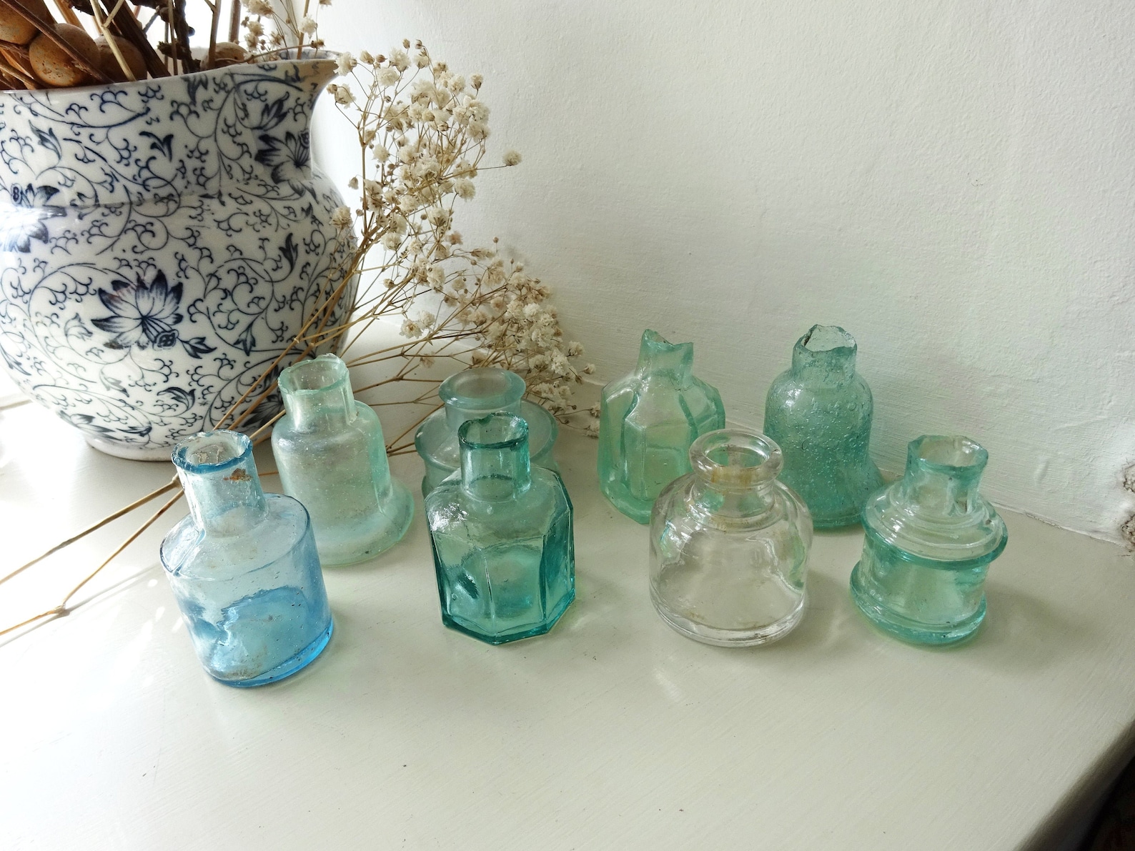 Victorian Ink Bottle X 1 Aqua Glass Bottles Octagonal Bell | Etsy UK