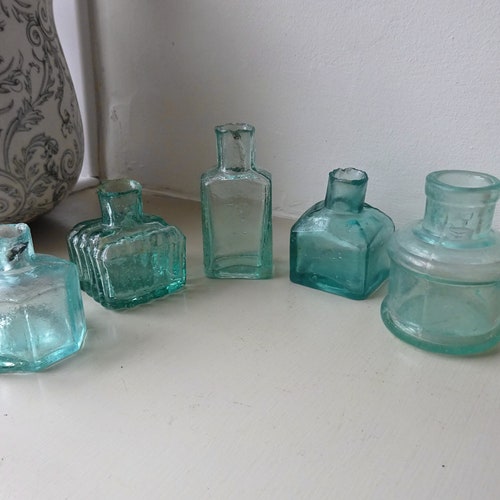 Victorian Ink Bottle X 1 Aqua Glass Bottle Octagonal Ribbed - Etsy