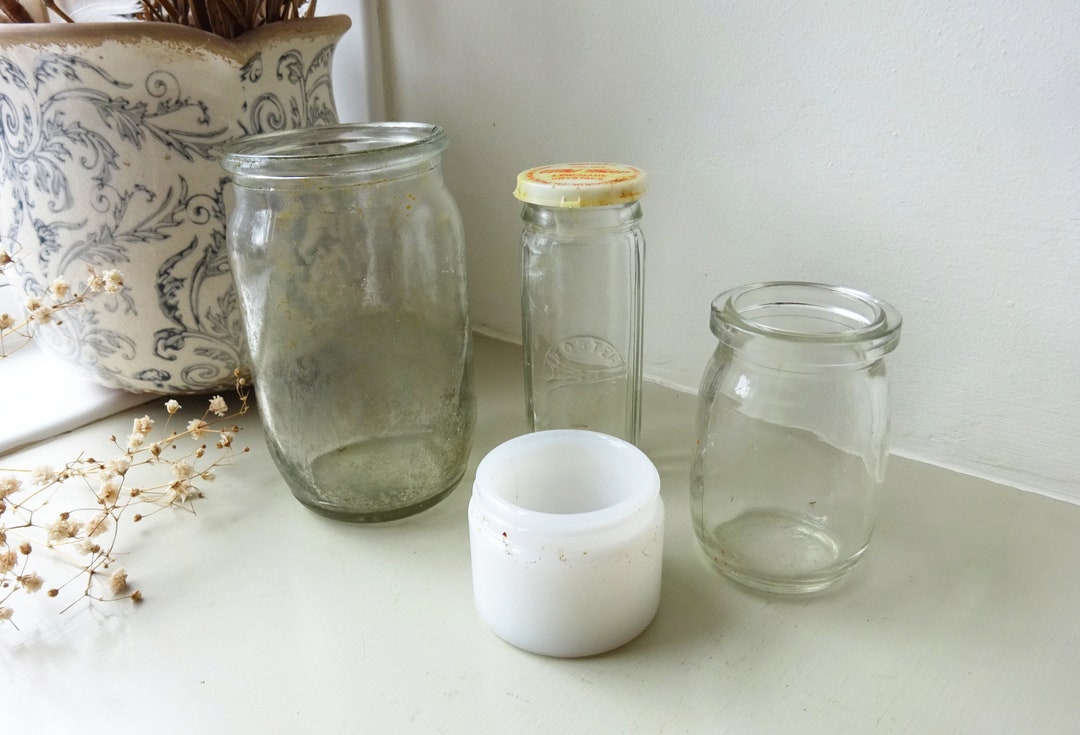 Vintage Glass Jars and Pots X 4 Including a Preserve Jar, Milk Glass ...
