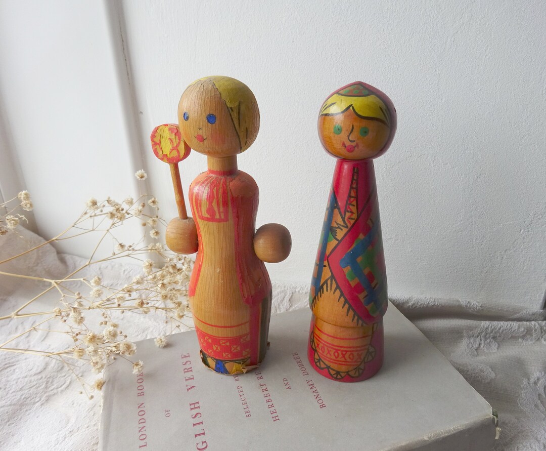Vintage Soviet Era Wooden Dolls, Folk Art Hand Carved and Hand Painted ...