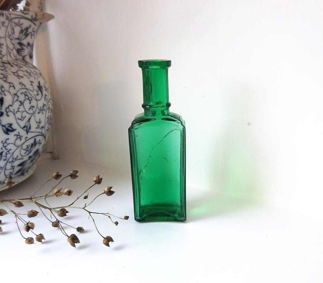Antique Emerald Green Green Bottle, Rectangular With Chamfered Edges ...