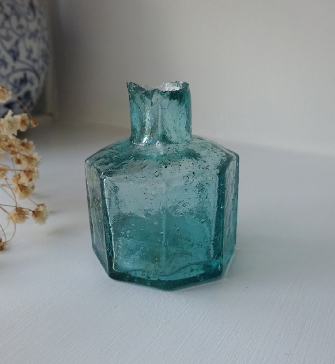 Antique Octagonal Aqua Glass Ink Bottle, Victorian Ink Well With Shear ...