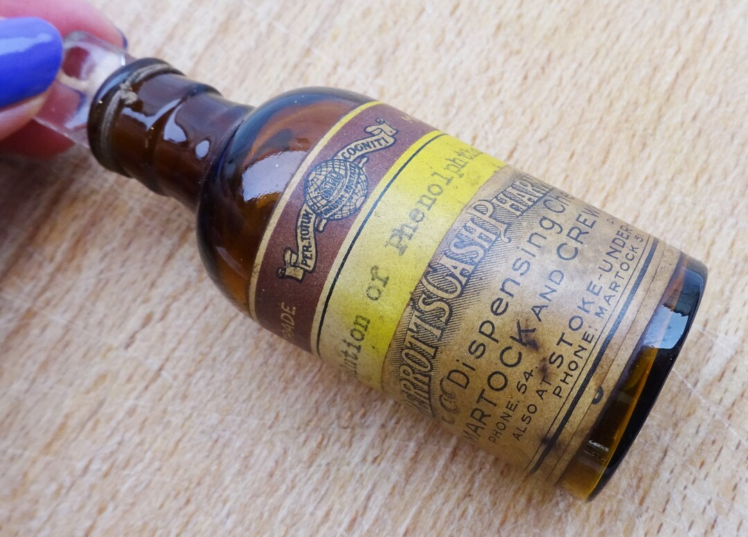 Victorian Amber Chemist Bottle With Glass Stopper, Original Labels ...