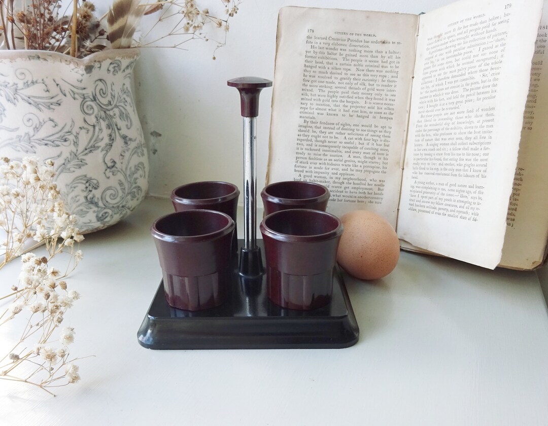 Antique Bakelite Egg Cup Set and Stand, Brown Bakelite, 4 Egg Cups ...