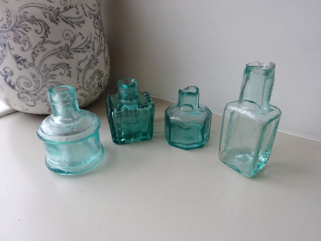 Victorian Ink Bottle X 1, Aqua Glass Bottle, Octagonal, Ribbed Pen ...