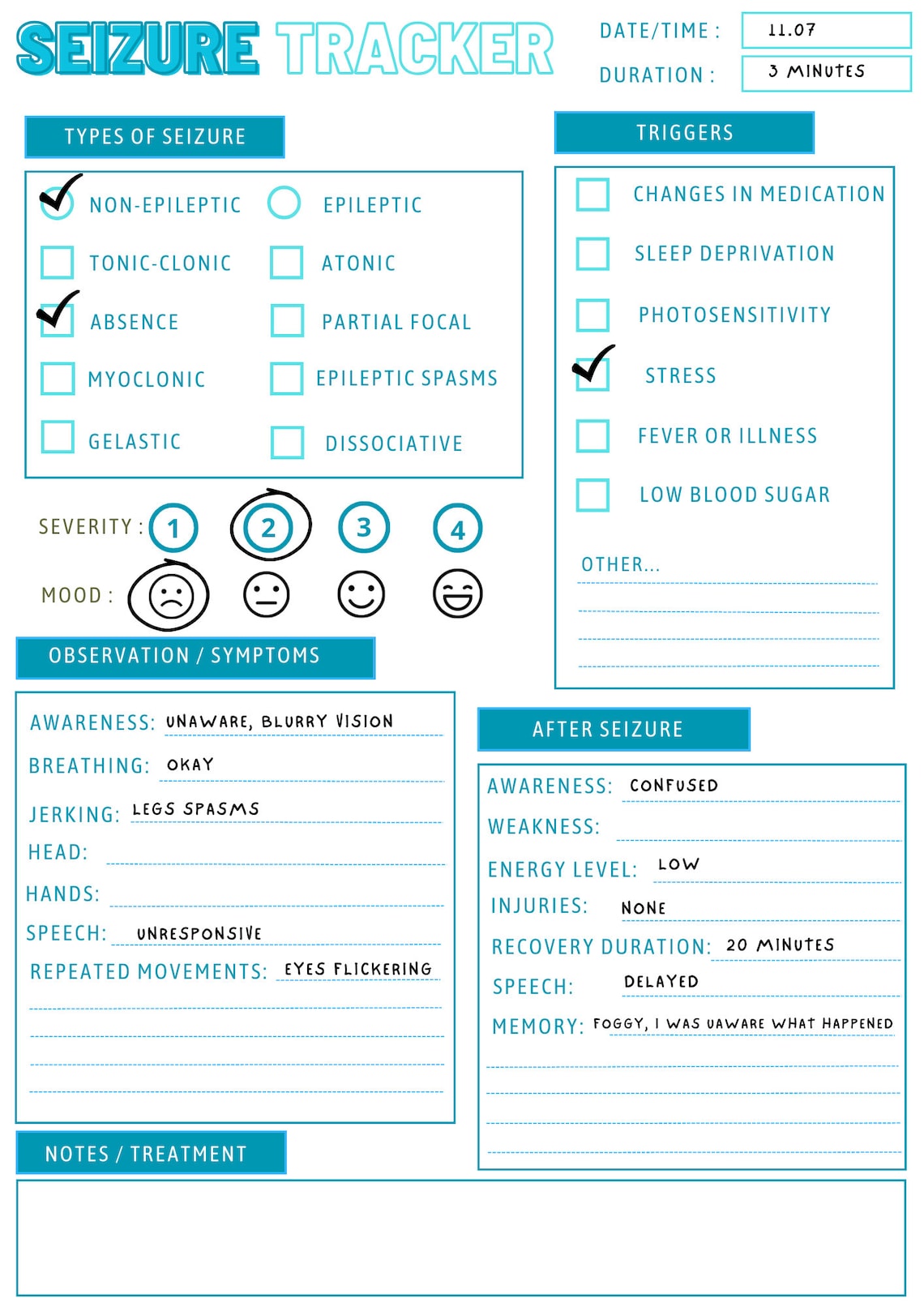 Seizure Tracker Printable Blue | Epileptic and Non-epileptic Seizures ...