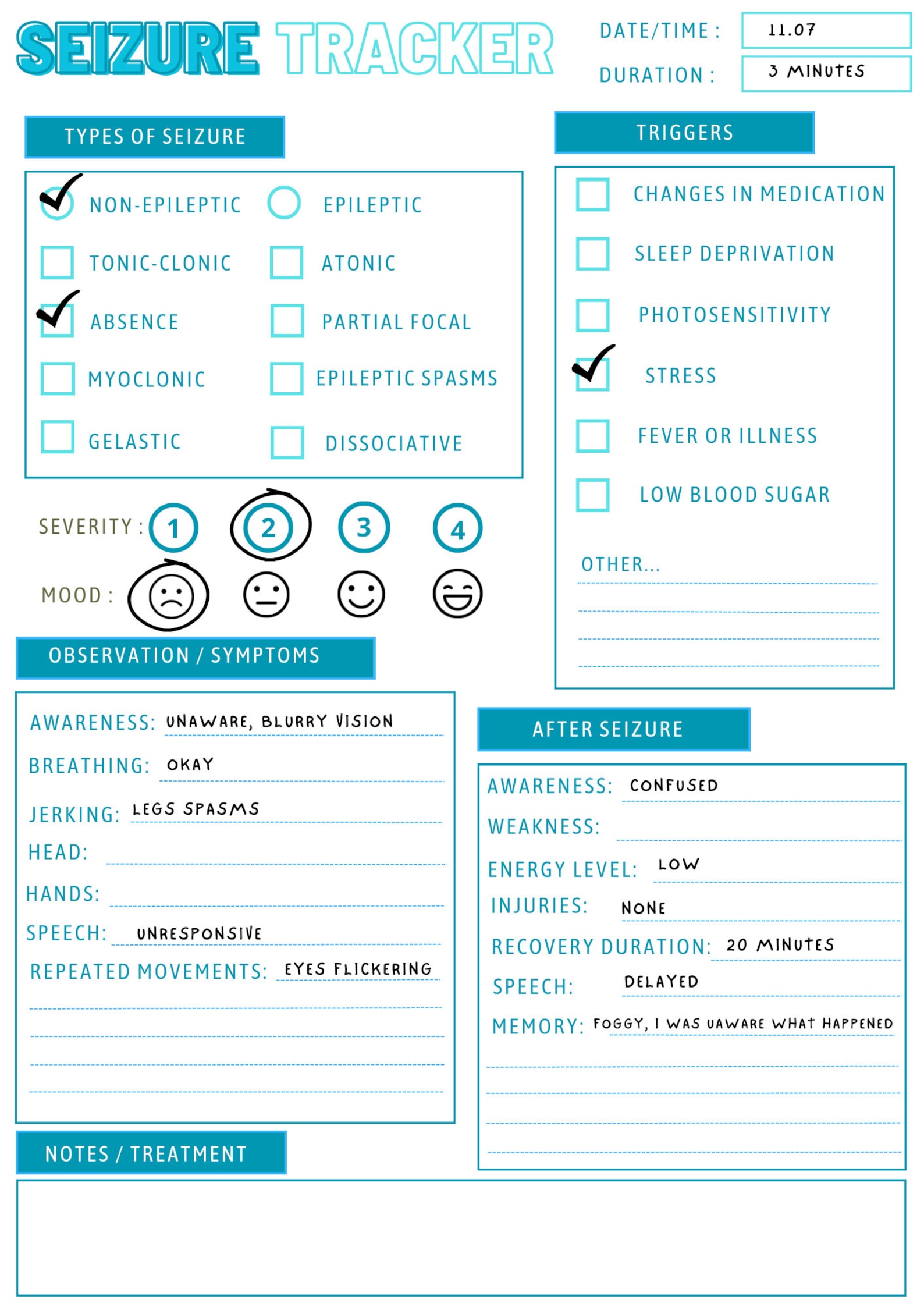 Seizure Tracker Printable Blue | Epileptic and Non-epileptic Seizures ...