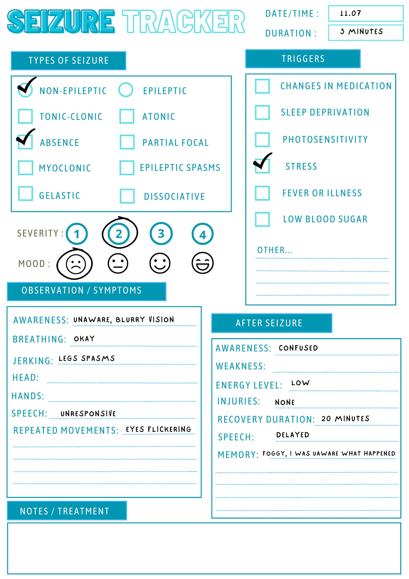 Seizure Tracker Printable Blue | Epileptic and Non-epileptic Seizures ...