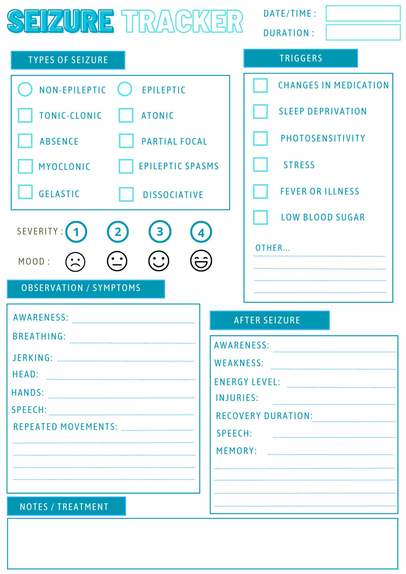 Seizure Tracker Printable Blue | Epileptic and Non-epileptic Seizures ...