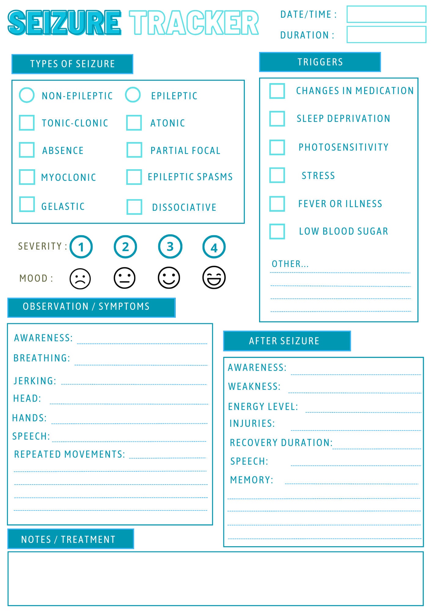 Seizure Tracker Printable Blue | Epileptic and Non-epileptic Seizures ...