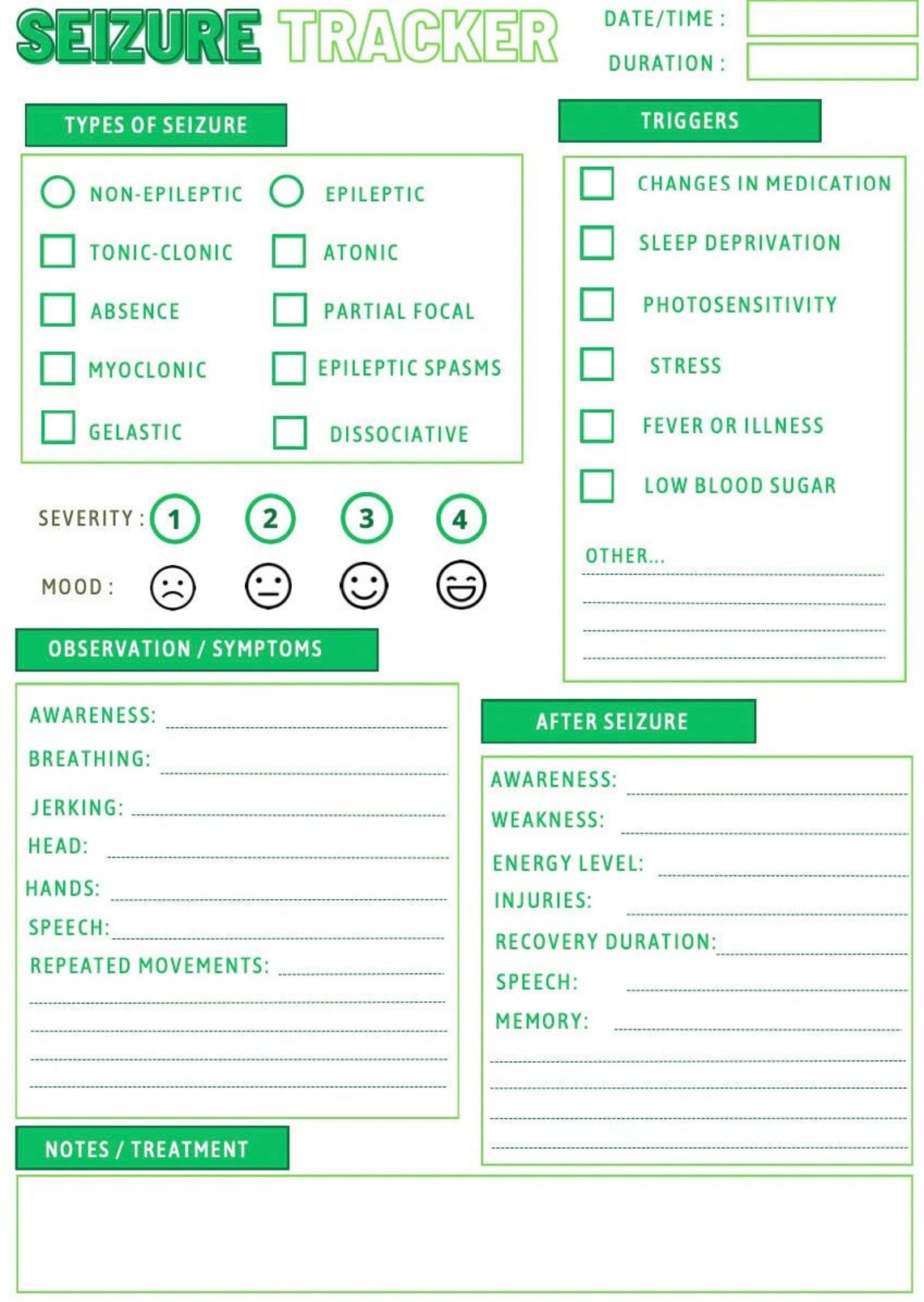 Seizure Tracker Printable Blue | Epileptic and Non-epileptic Seizures ...