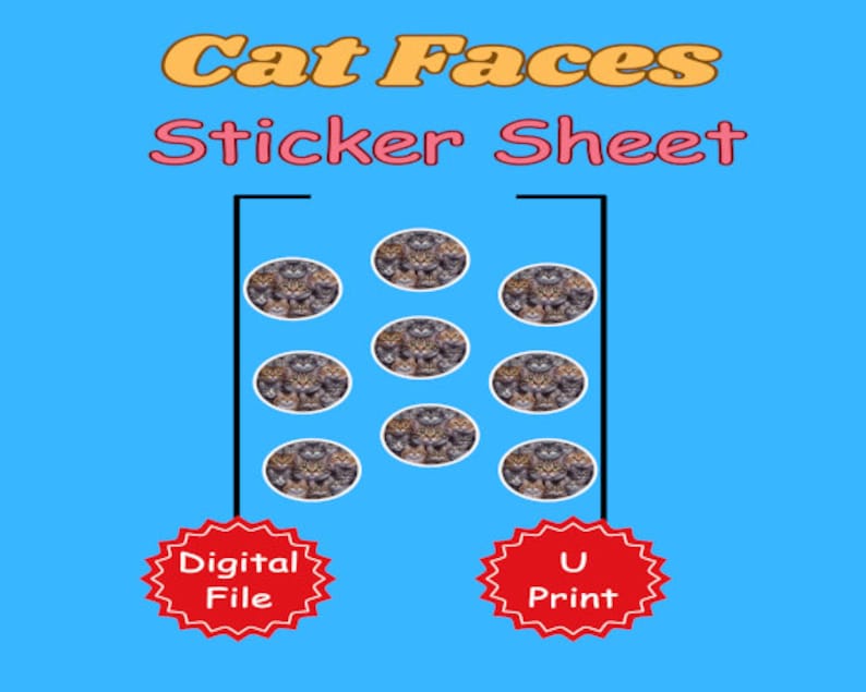 Cat Faces Stickers Sheet, Printable Stickers, Digital Stickers, Card ...