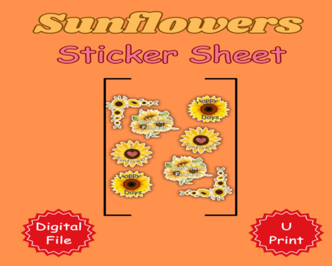 Sunflower Stickers Sheet, Printable Stickers, Digital Stickers, Card ...