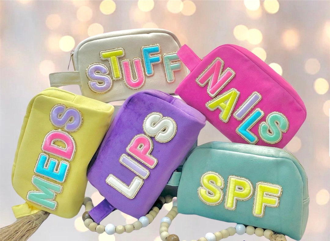 Snack Personalized Varsity Letter Bag, Toiletry Bag With Patches, Glam ...
