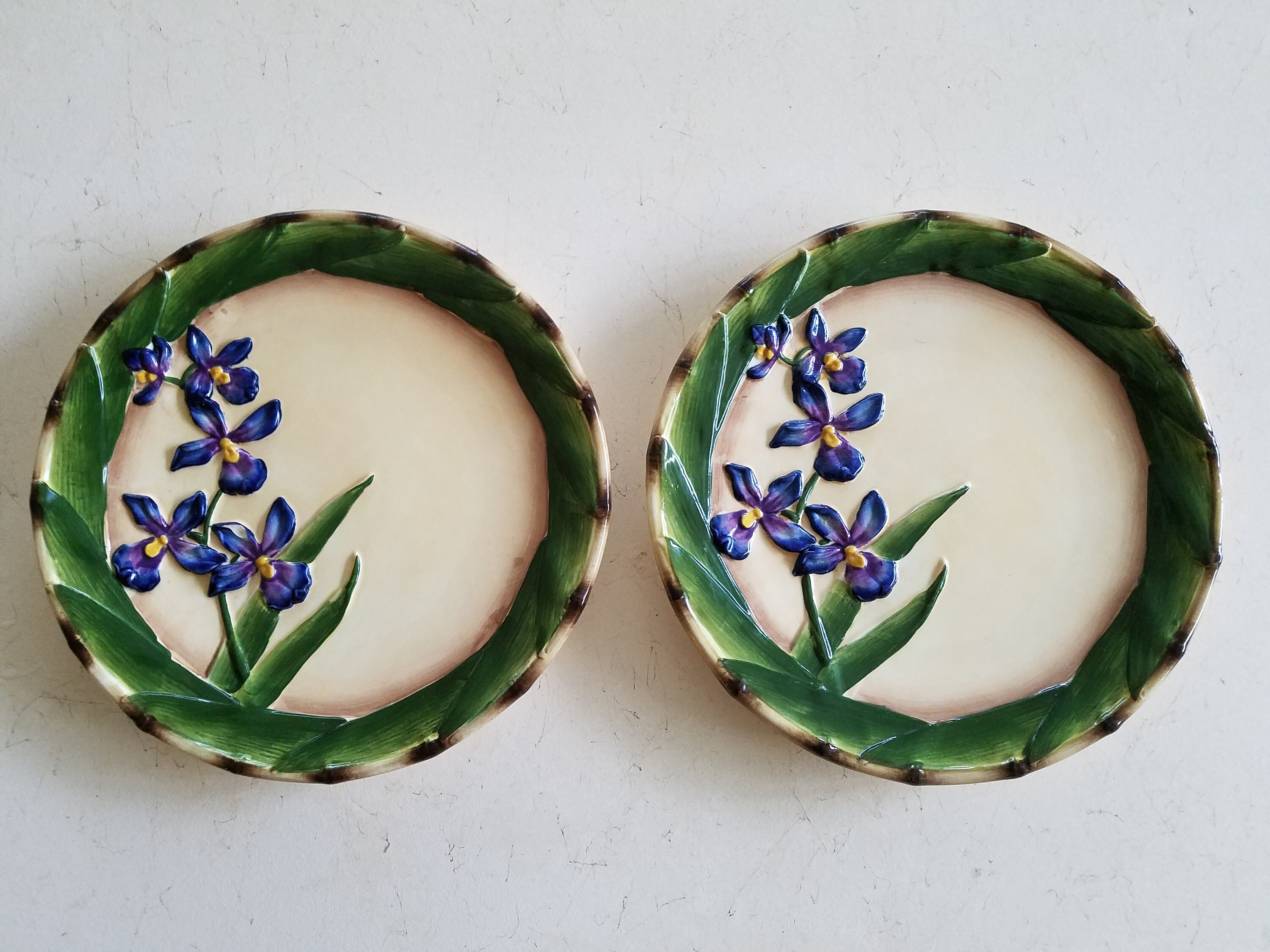 2 Vintage Purple Iris Plates Bamboo & Leaf Rim Hand Painted - Etsy UK