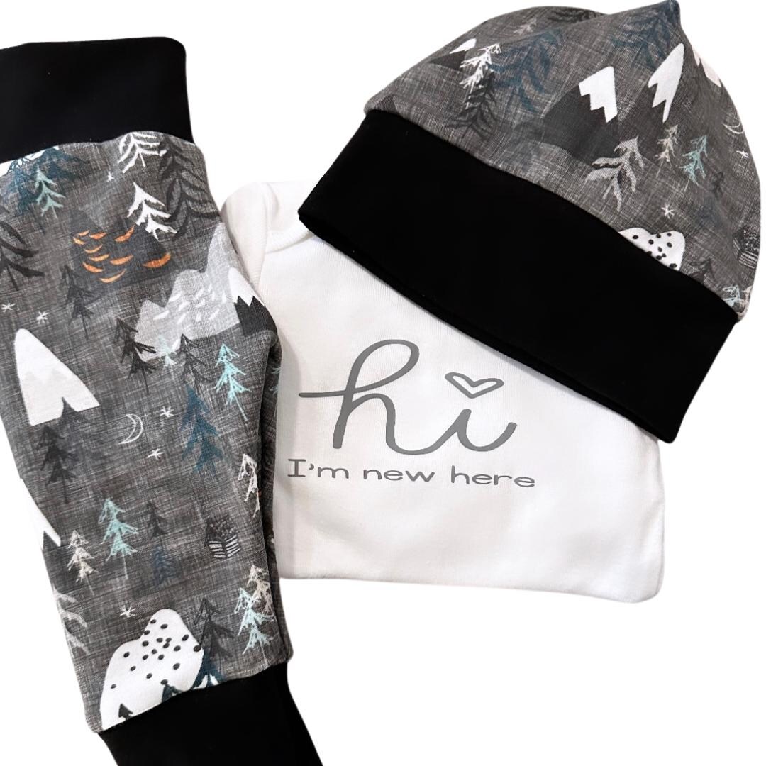 Organic Cotton Baby Outfit: Woodland Mountain Print Leggings, Hat ...