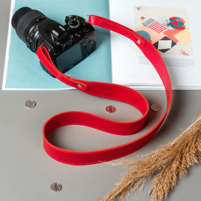 Red leather camera strap personalized | Etsy