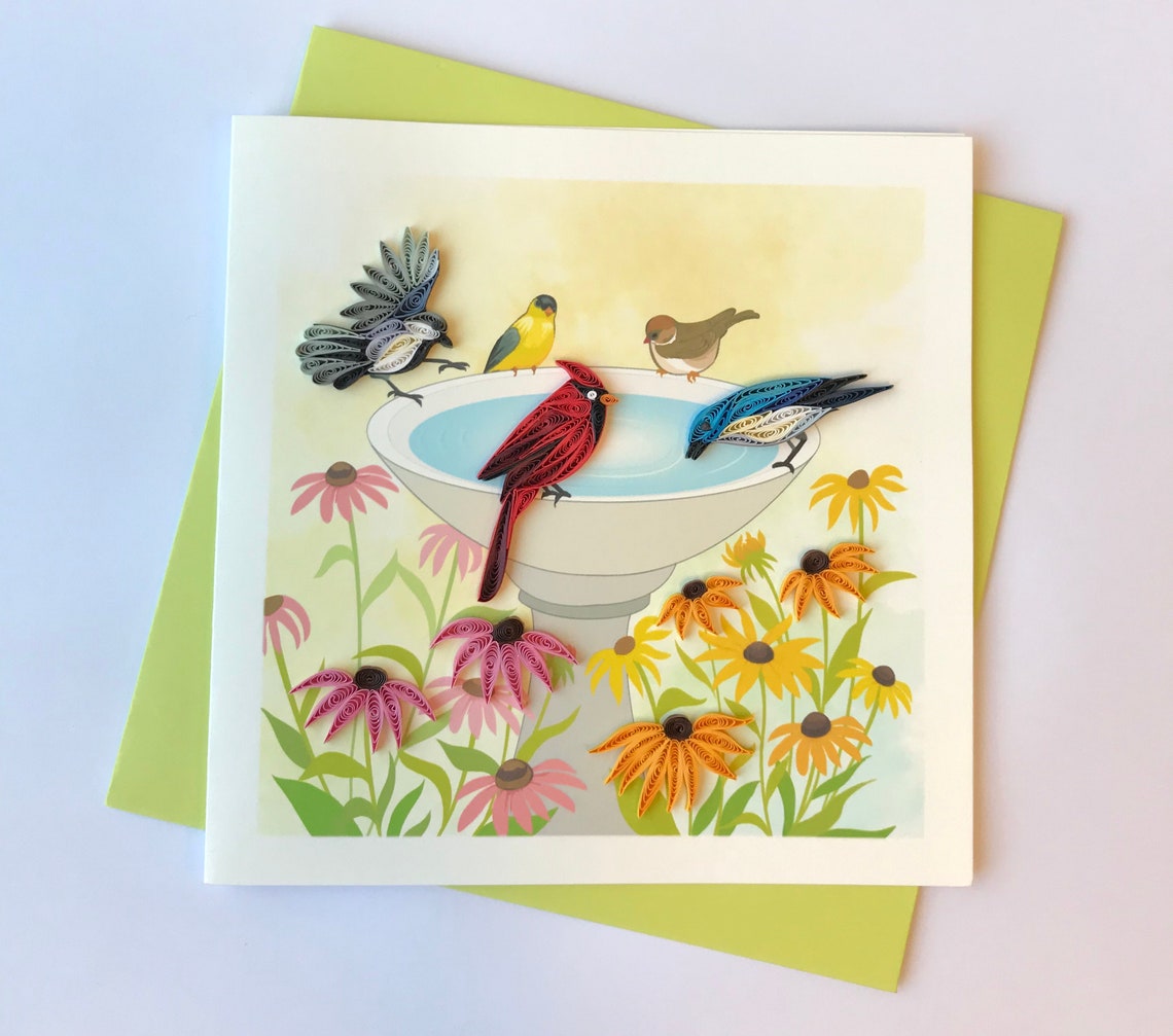 Bird Bath Card Quilling Greeting Card Handmade Greeting - Etsy