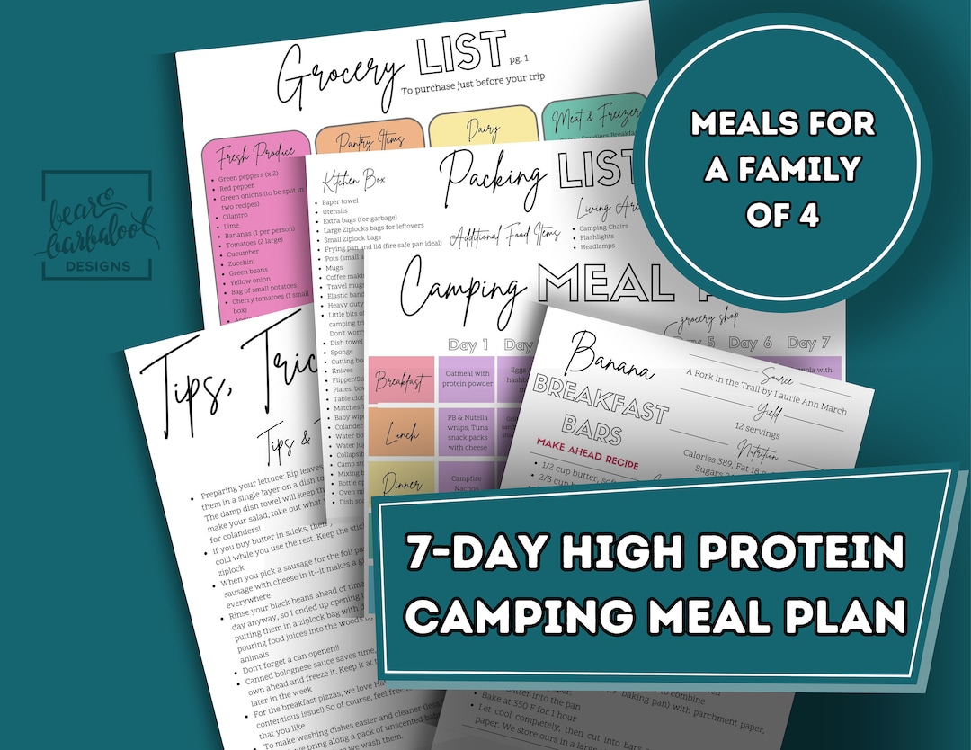 Printable 7-day High Protein Camping Meal Plan for 4 | Grocery List ...