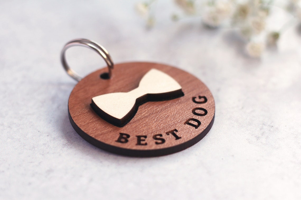 Bow Tie Wooden Round Pet Tag / Pet Tag / Engraved Pet Tag / - Etsy