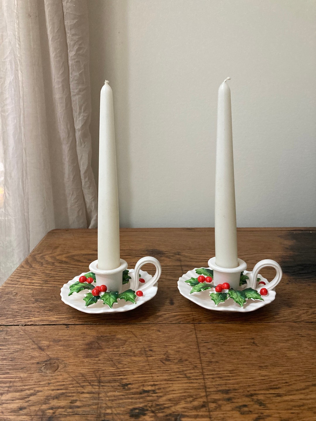 1962 Howard Holt White Holly Leaf Candlestick Holders, Set of Two With ...