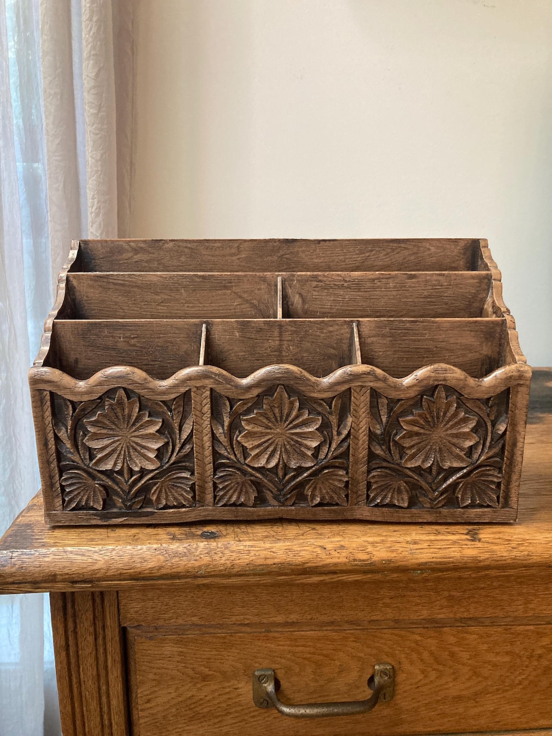 70’s Desk Organizer, Vintage Lerner Faux Wood Organizer with Floral ...