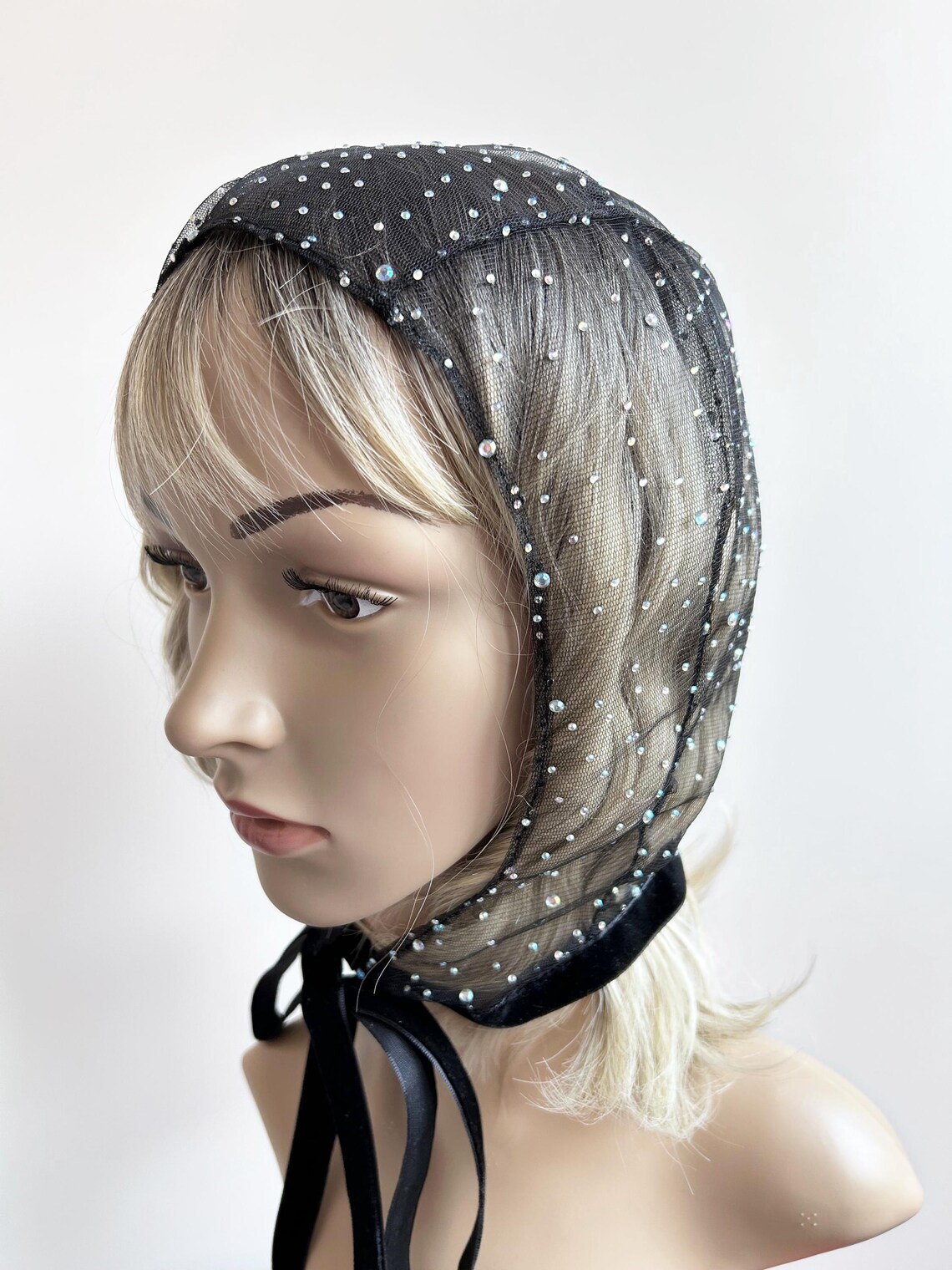 Black Tulle Rhinestone Bonnet With Bow Tie - Masquerade Festival ...
