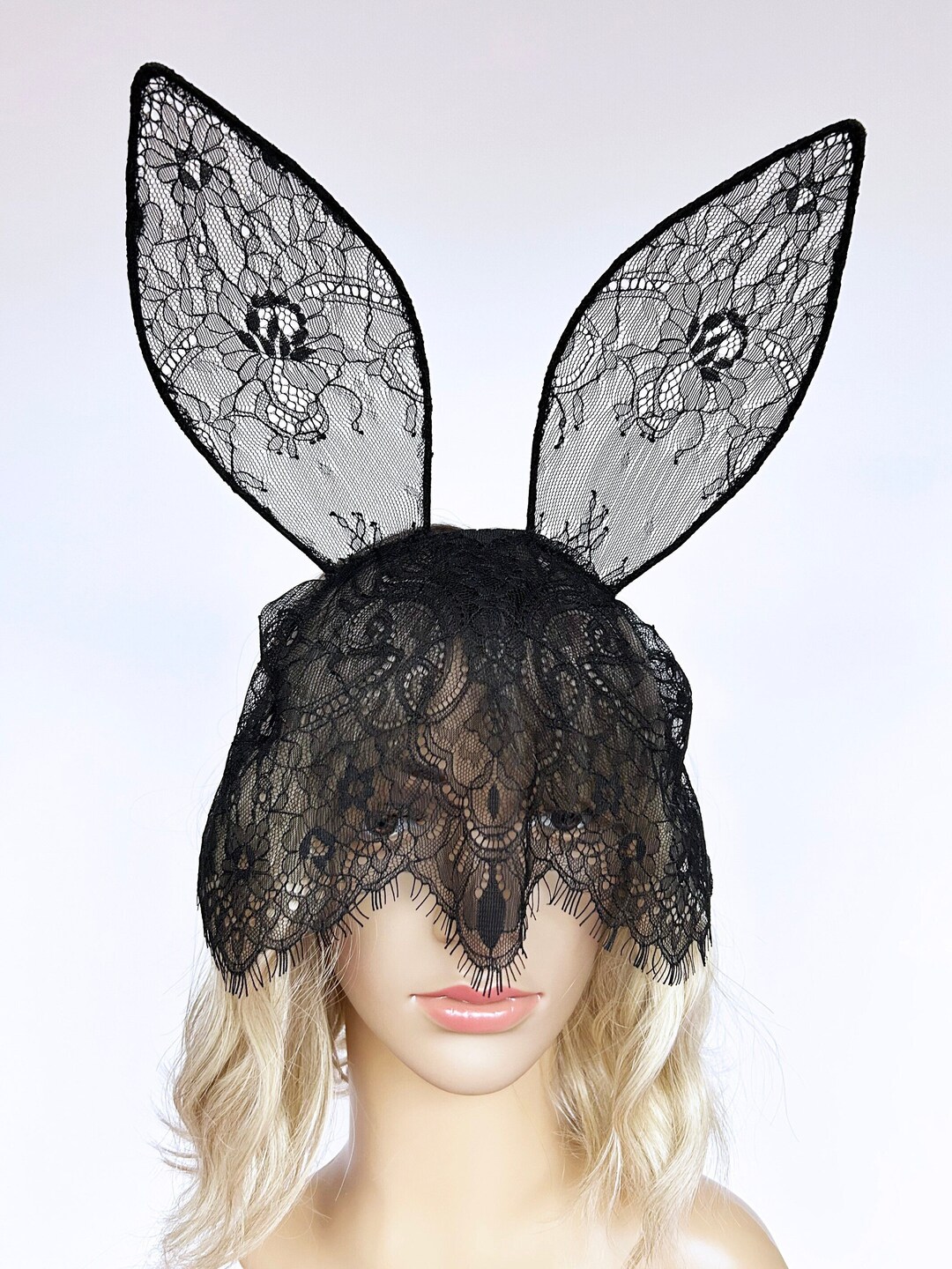 Black Lace Bad Bunny Ears Headband With Veil Handmade Item Festival ...